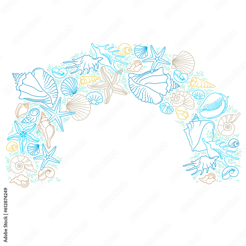 Illustration of line art tropical sea elements, seashells, starfish ...