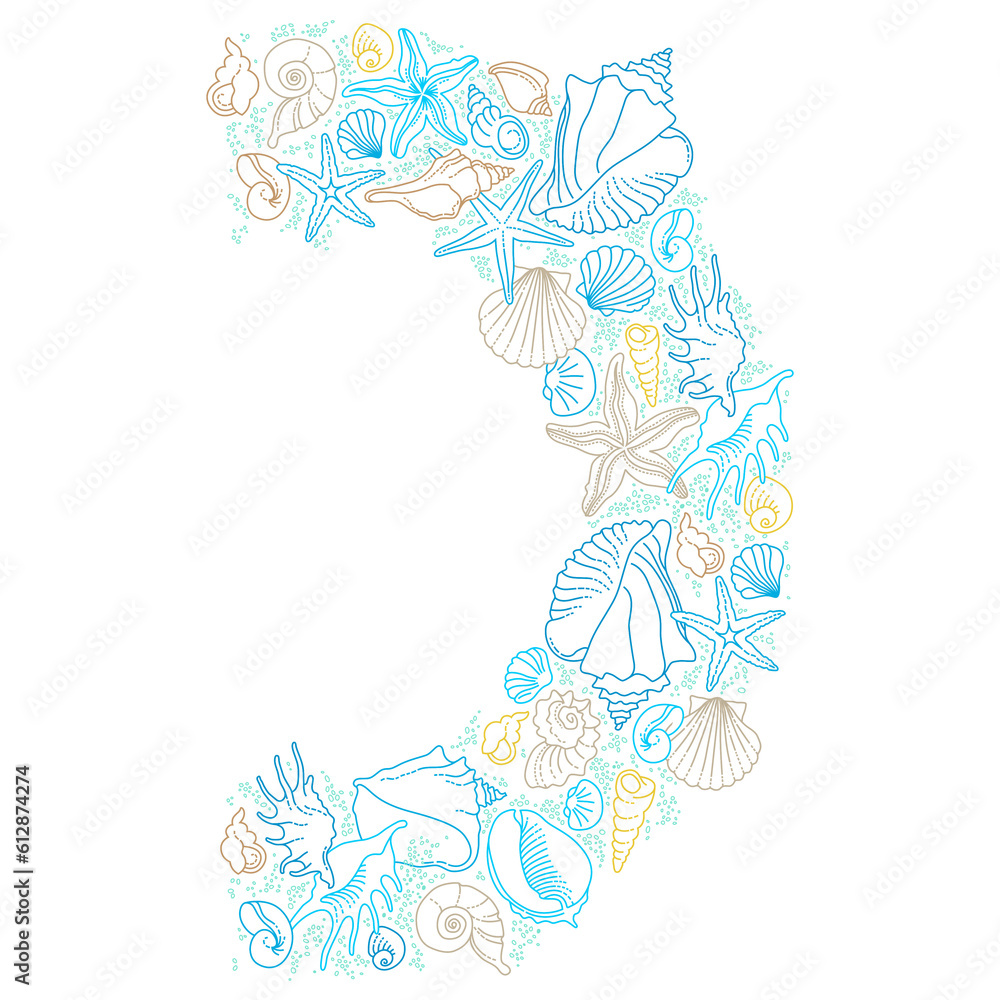 Illustration of line art tropical sea elements, seashells, starfish ...
