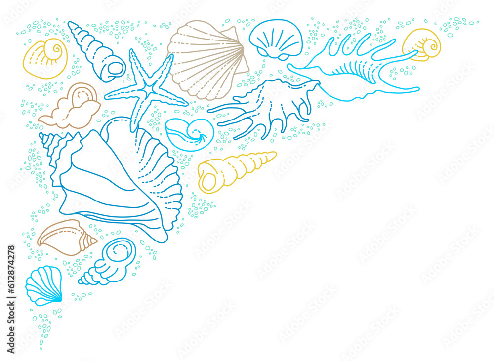 Corner illustration, pattern of line art tropical sea elements ...
