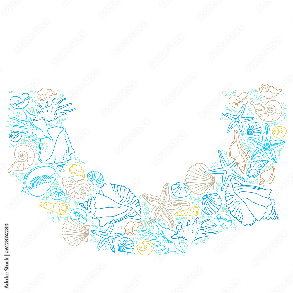 Illustration of line art tropical sea elements, seashells, starfish ...