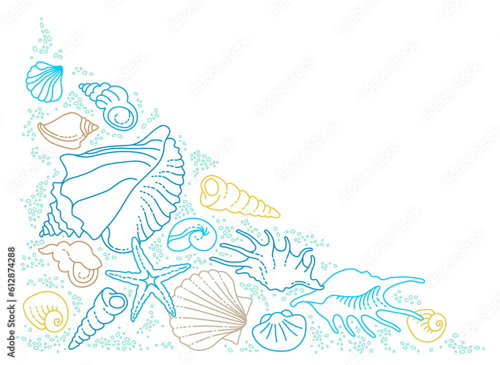 Corner illustration, pattern of line art tropical sea elements ...