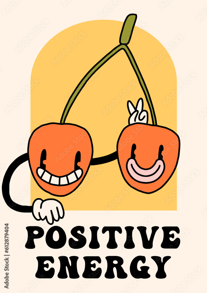 Groovy bright retro summer poster template. Positive cherry couple ...