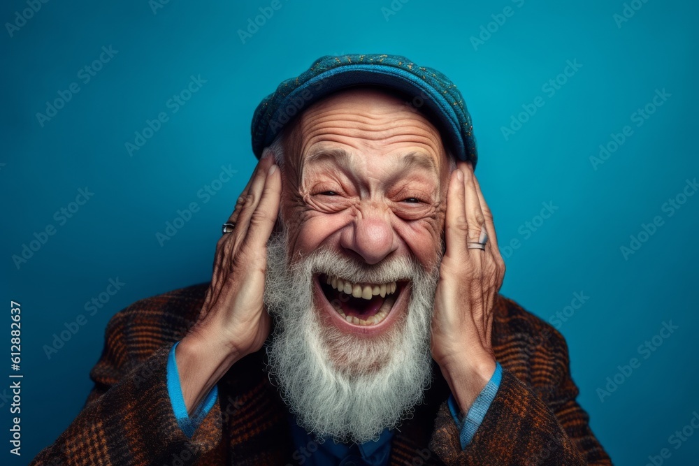 Headshot portrait photography of a grinning old man covering his ears ...