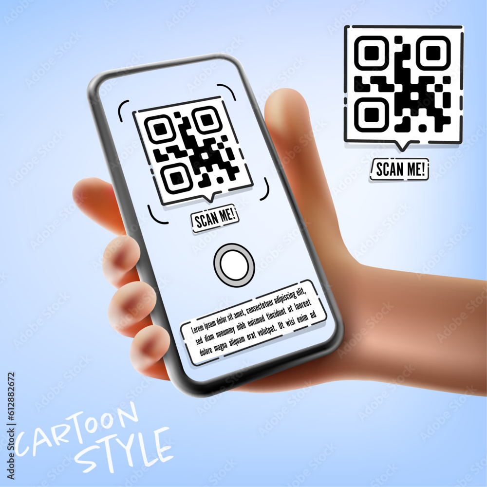Vector cartoon hand holding the black smartphone with a QR code scan me ...
