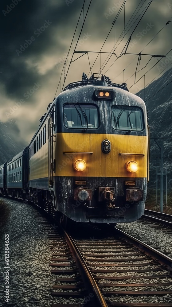 Generative AI illustration of aged yellow and gray colored train on ...
