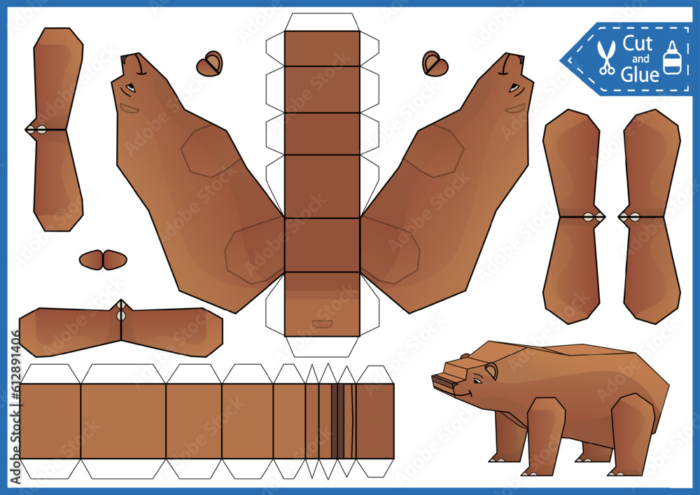 Kids craft template. Cut and glue a paper 3d bear. DIY papercraft ...