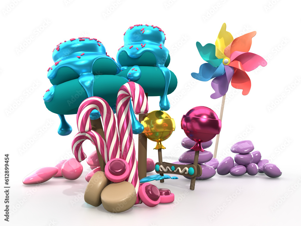 Candy land with donut trees, candy canes, toffees and lollipop on ...