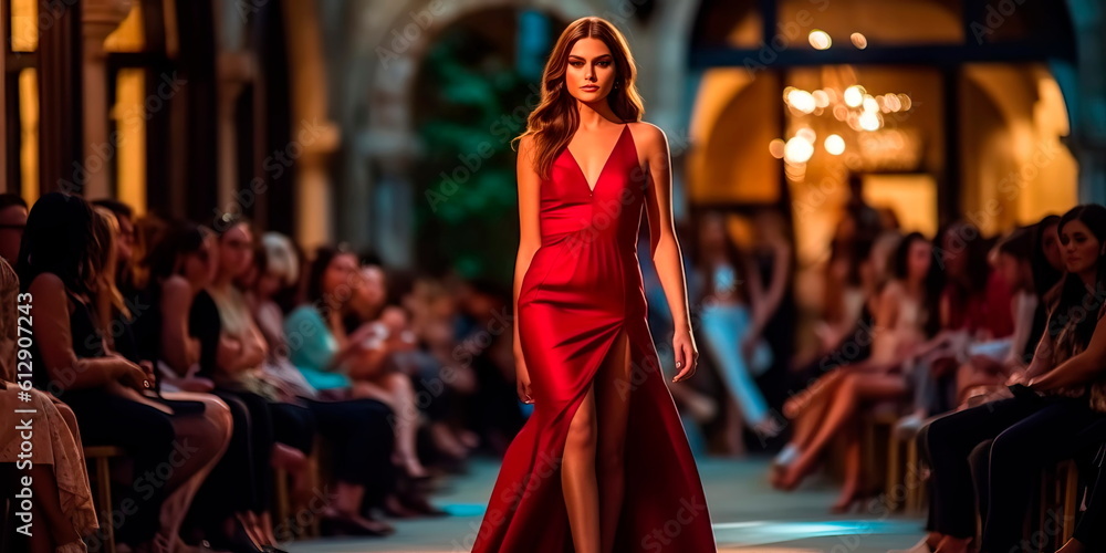 beautiful model walking the catwalks in full length at a fashion show ...