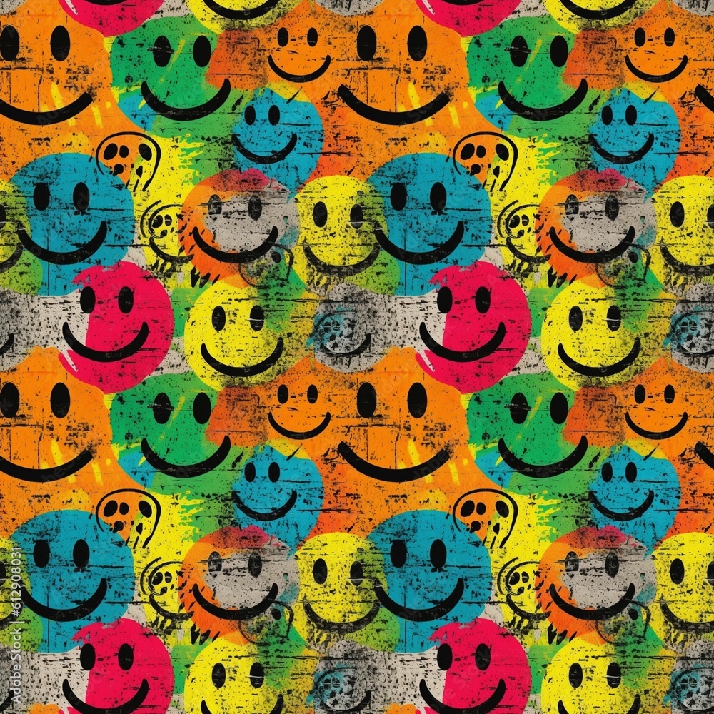 Seamless design. The template is a mix of happy faces. gritty textures ...