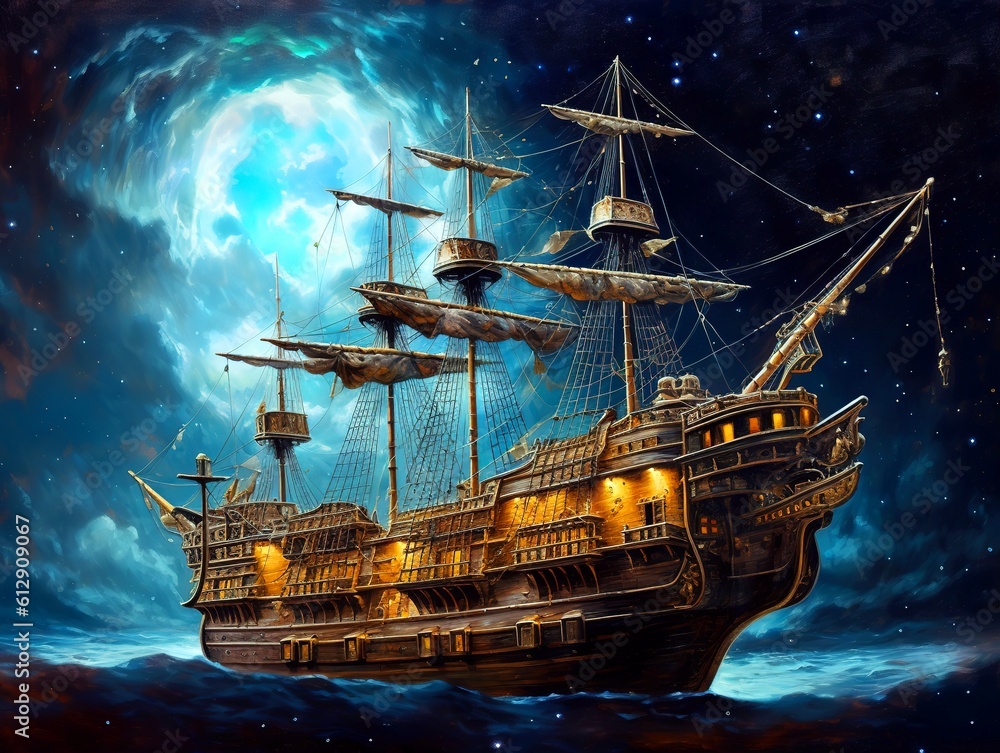 wooden pirate ship Float in mysterious ocean in the beautiful night ...