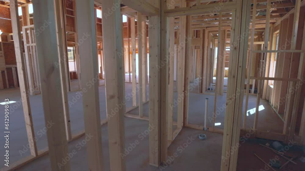 New Southwest Home Construction Interior Framing Walk Through Bathroom Wall. slow motion view in ...