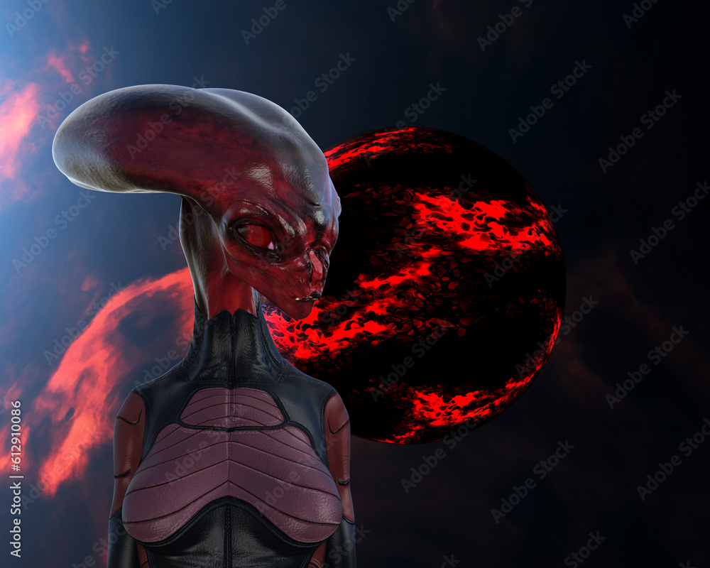 Illustration of a creepy red skin female alien with a large extended ...