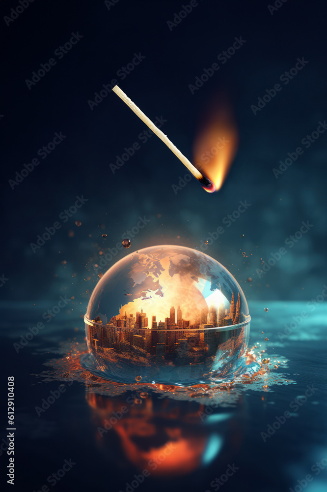 Earth globe, like a snow globe with financial buildings inside ...