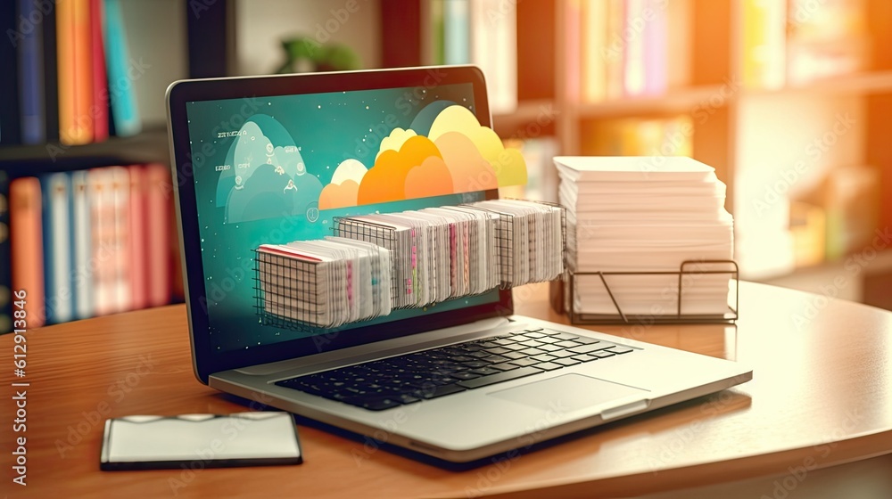 Computer laptop and dashboard for Data document Management System on cloud online documentation ...