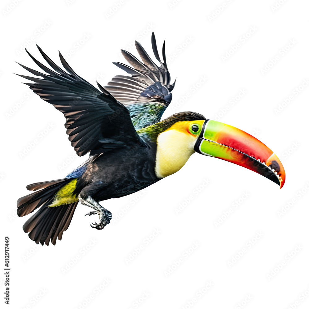 a Keeled Billed Toucan in flight, in various positions, rainforest ...