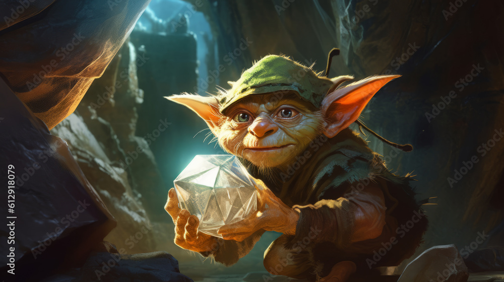Goblin in a dark cave with a gem in his hands. Gremlin miner minion of ...