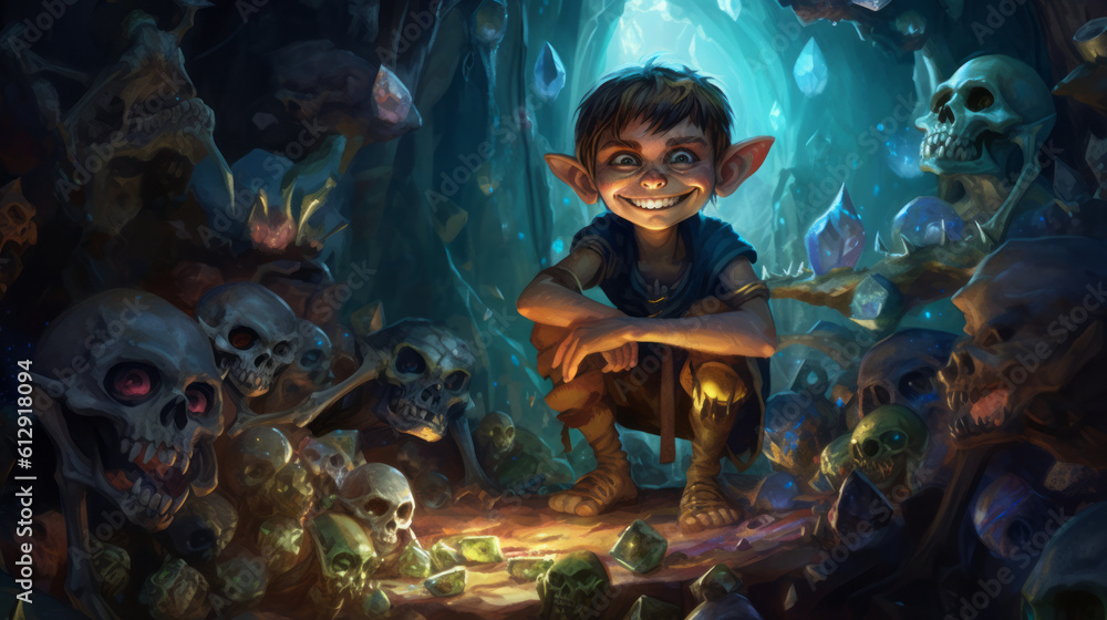Evil and scary elf in a dark cave with his stolen treasures. Troll guy ...