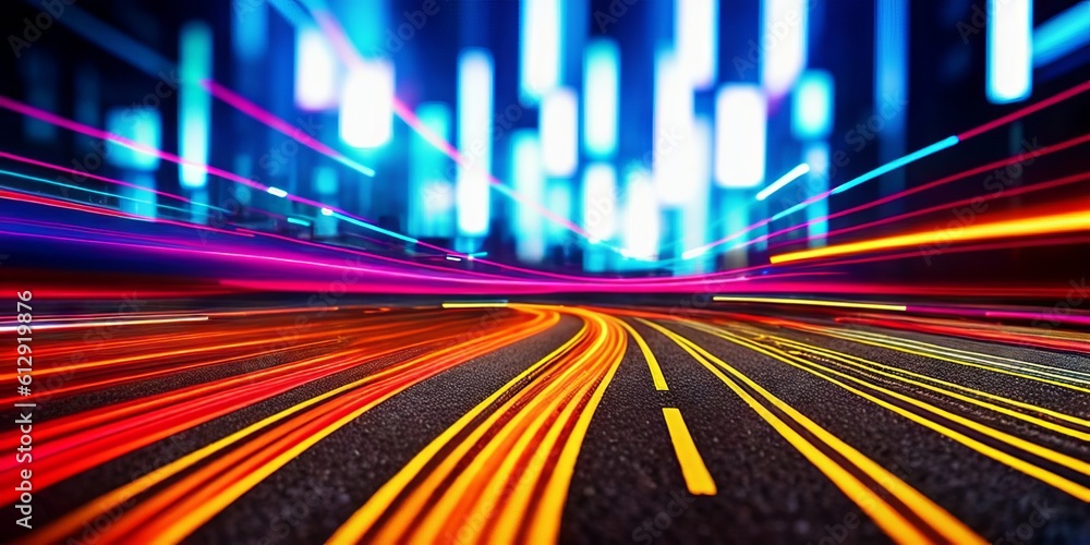 City street with binary code numbers on motion blurred asphalt road ...