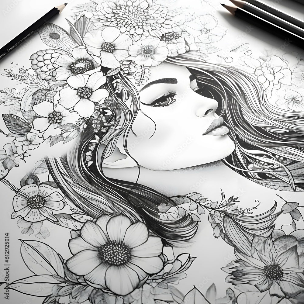 Ink Drawing Coloring Page for Adults, Beautiful Amazing Cute Sweet, No ...
