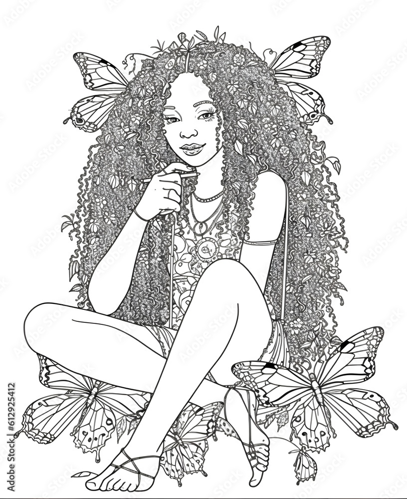 Ink drawing for coloring page for children, a fairy beautiful girl half ...