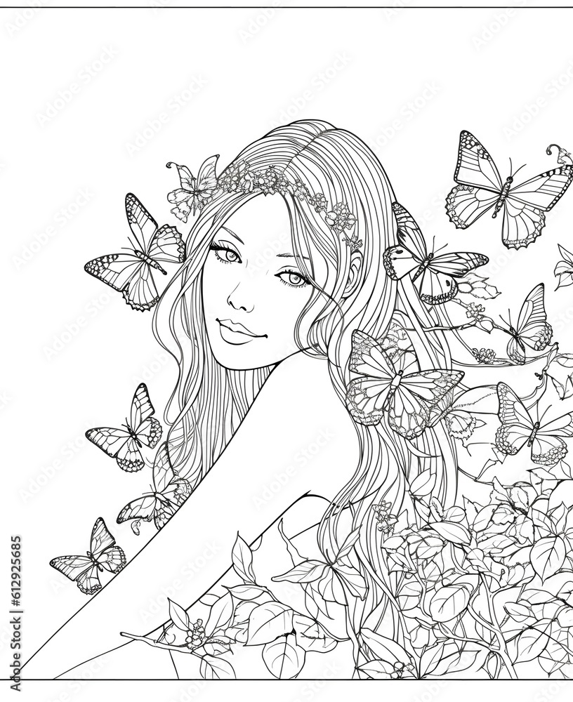 Ink drawing for coloring page for children, a beautiful half-length ...