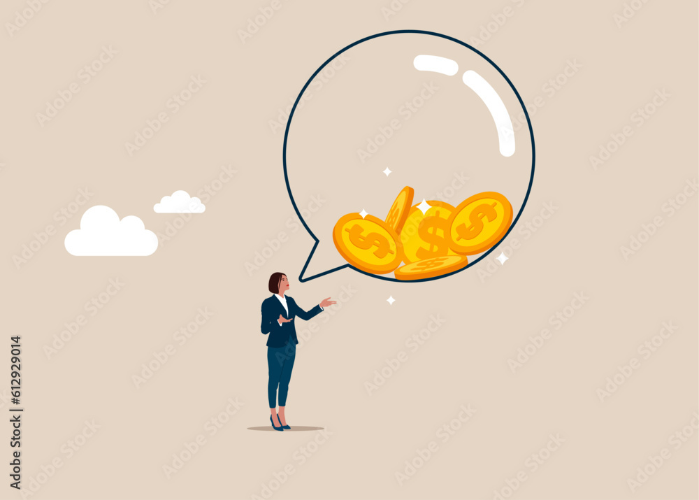 Speech bubble filled with metal dollar coins with woman. Money talks ...