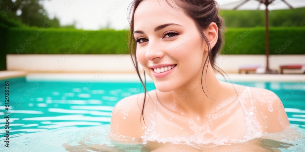Portrait of a beautiful young woman in swimming pool. beautiful long ...