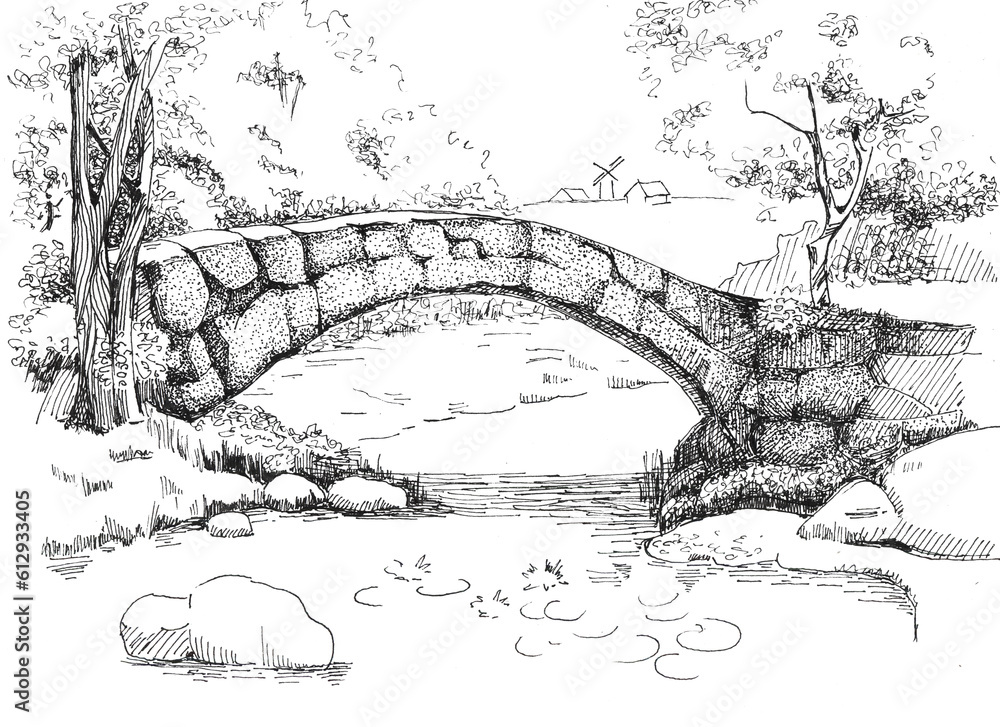 Panorama of countryside landscape with river and bridge. Pen sketch ...