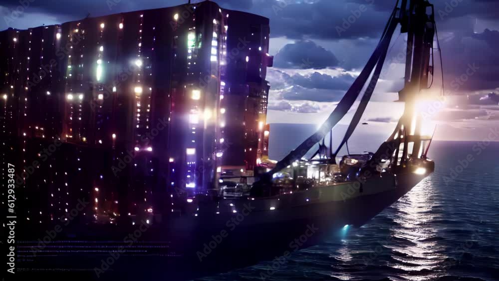 Massive futuristic cargo ship in Ocean aerial view, sunset 3d rendering ...