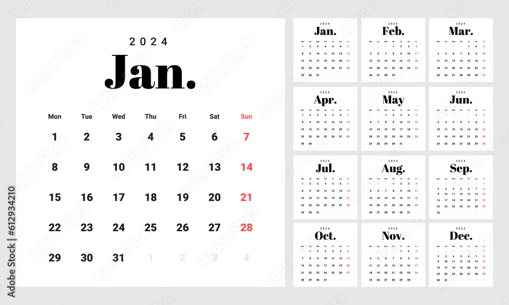 Minimalist style monthly calendar template for 2024 year. English ...
