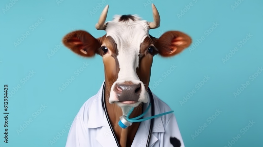 pictures of funny cow wearing doctor clothes on blue studio background ...