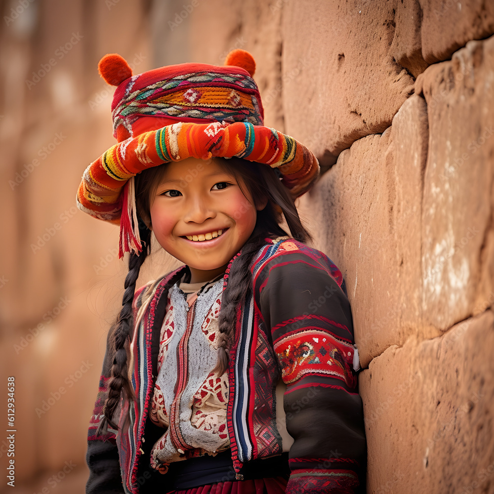 Peruvian Quechua girl in traditional clothing on an Inca wall in ...