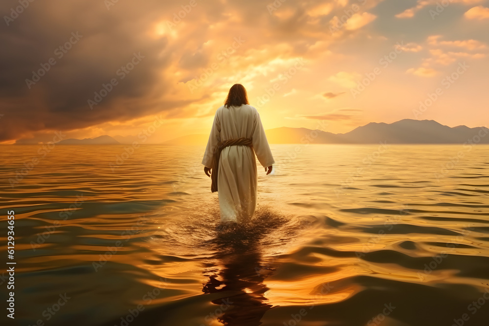 Jesus Christ walks on water on a beautiful dramatic sunset background ...
