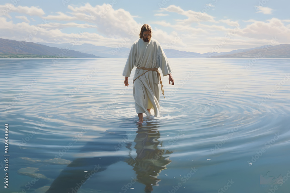 Jesus Christ walking on water on the sea of Galilee with a clear sly ...