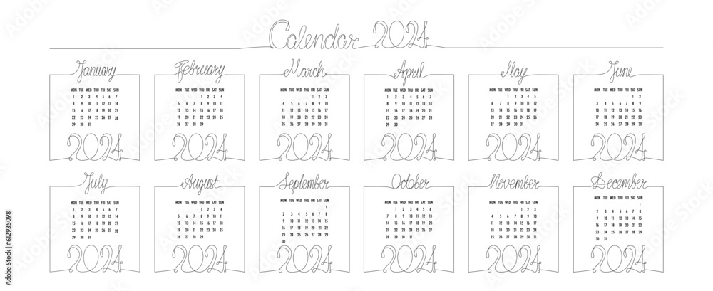 2024 year hand draw month calendar. Vector stock illustration isolated ...
