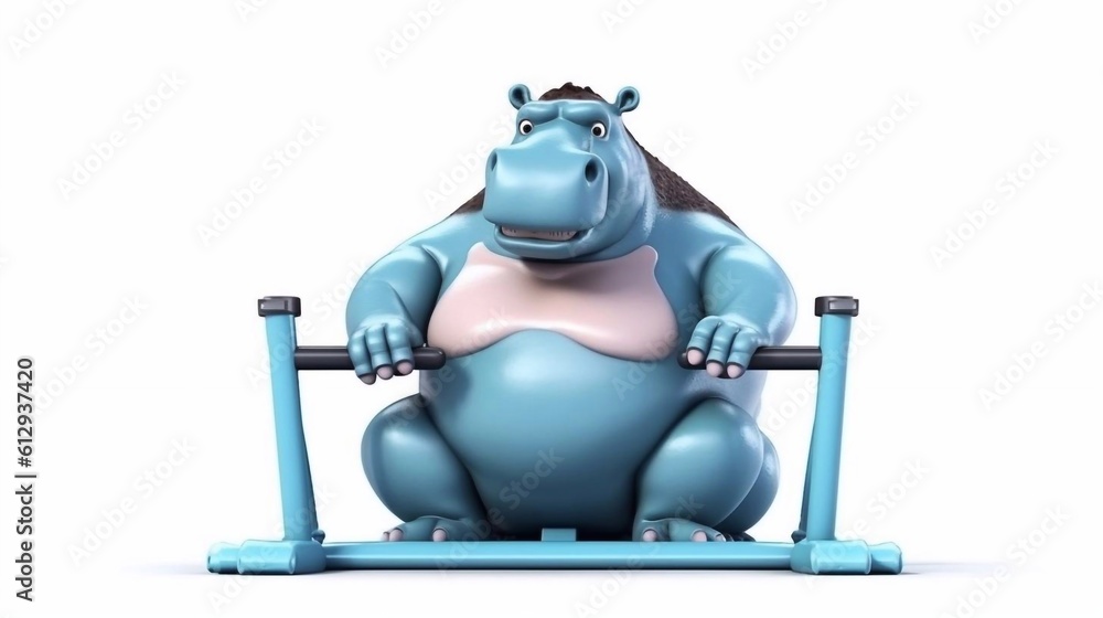 Sports training in the gym. Cartoon hippo with barbell 3d illustration ...
