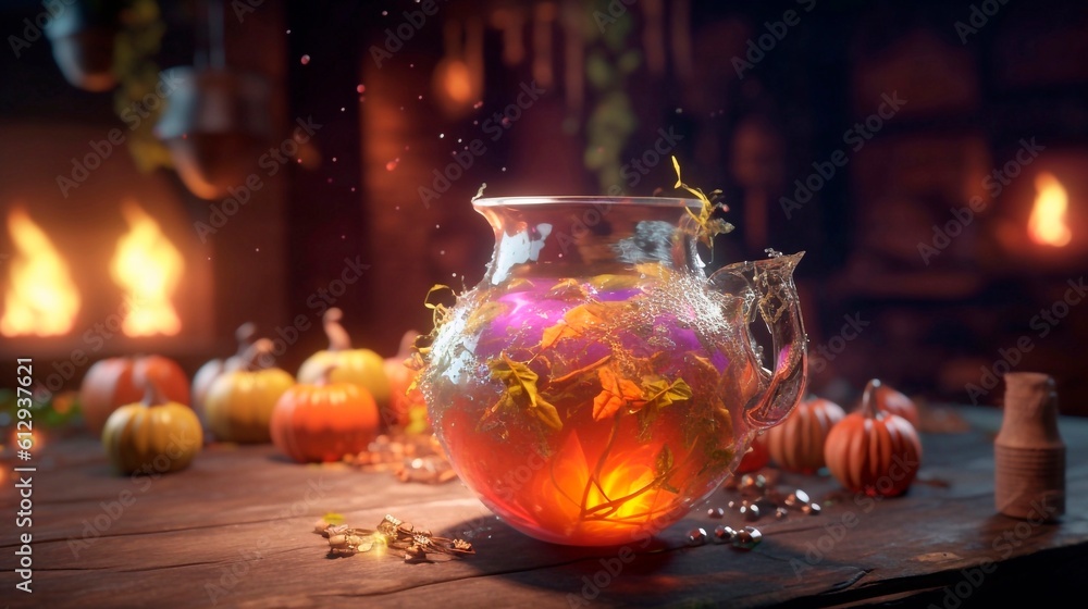 Magic potion in dark forest at night cartoon illustration. Poison ...