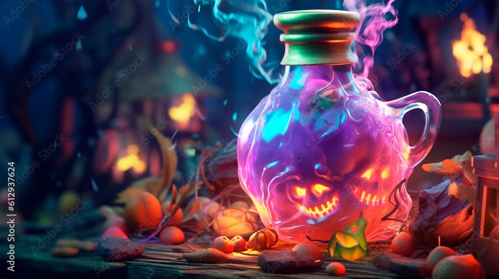 Magic potion in dark forest at night cartoon illustration. Poison ...