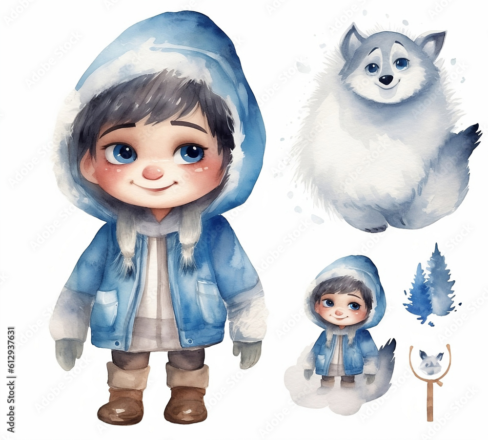 Cute adorable little Eskimo boy character watercolor for clipart ...