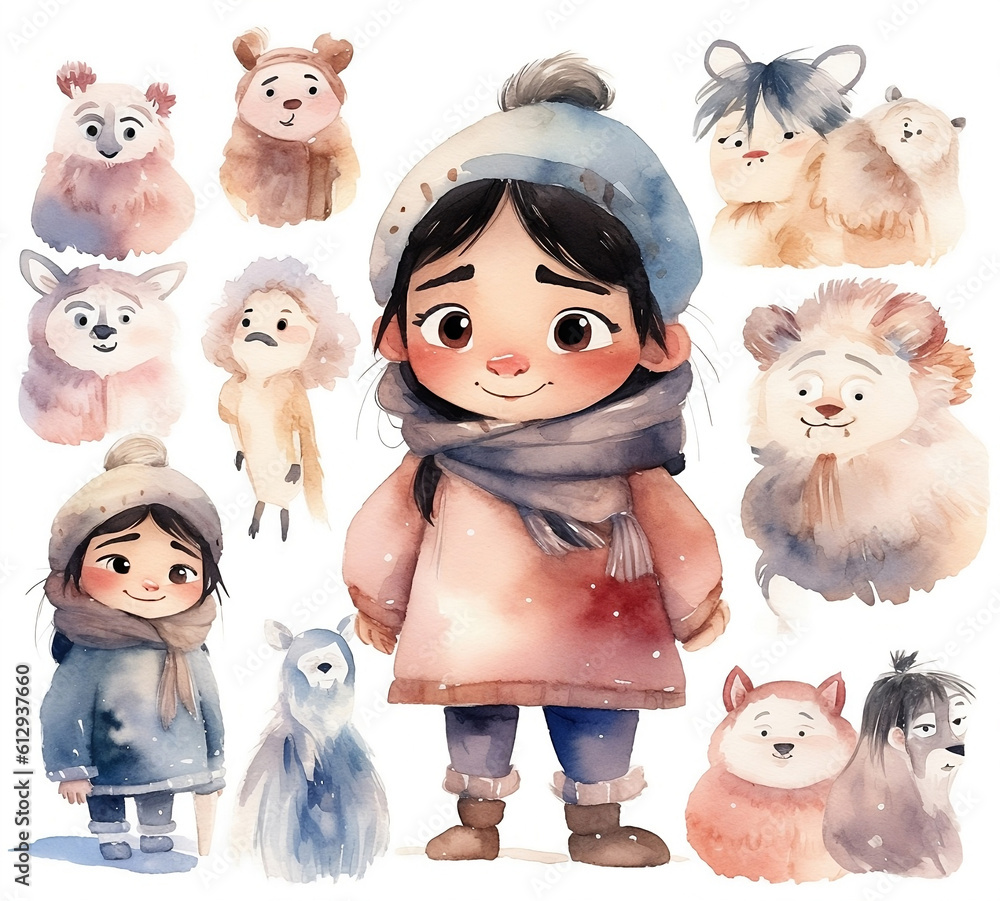 Cute adorable little Eskimo girl character watercolor for clipart ...