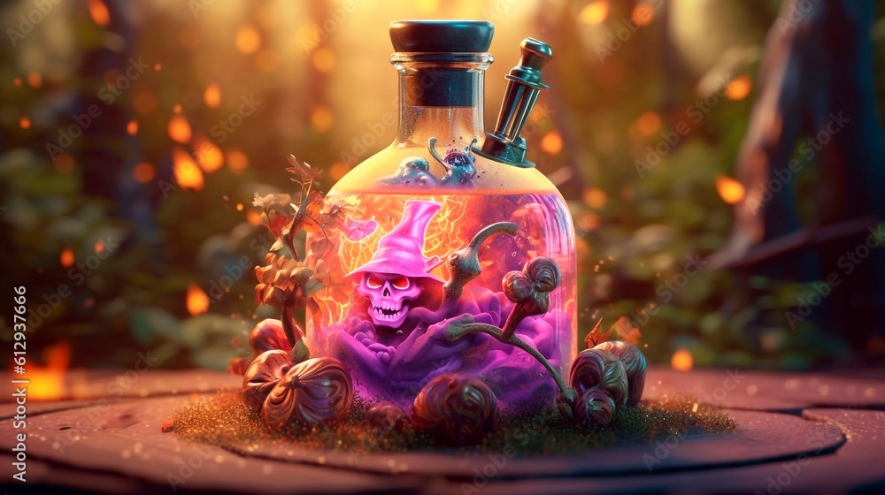 Magic potion in dark forest at night cartoon illustration. Poison ...