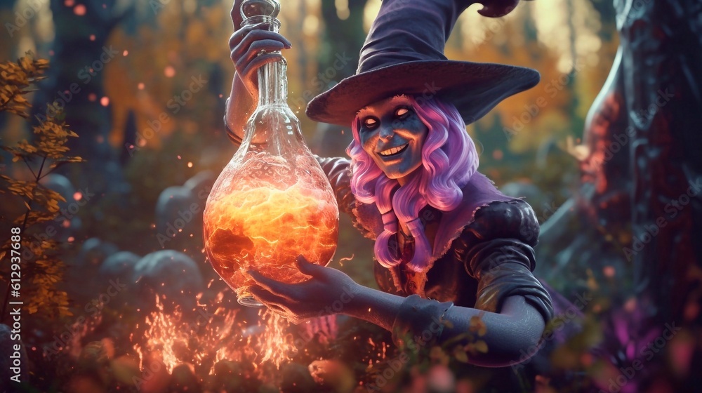 Witch brews a potion in the forest at night illustration. A poisonous ...