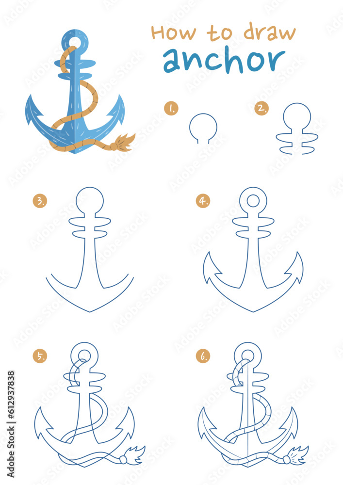 Vetor de How to draw an anchor vector illustration. Draw an anchor step ...