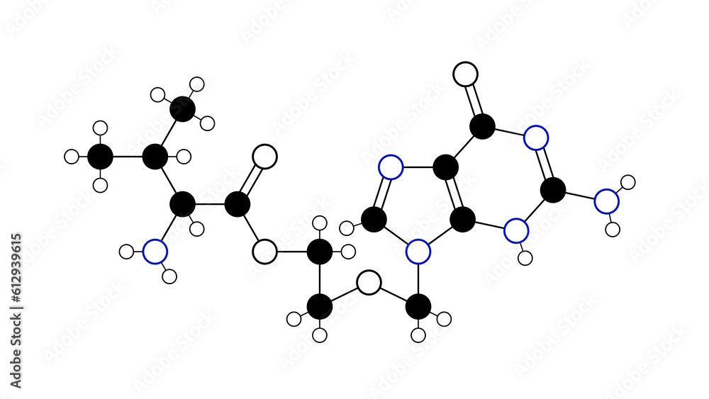 valaciclovir molecule, structural chemical formula, ball-and-stick ...