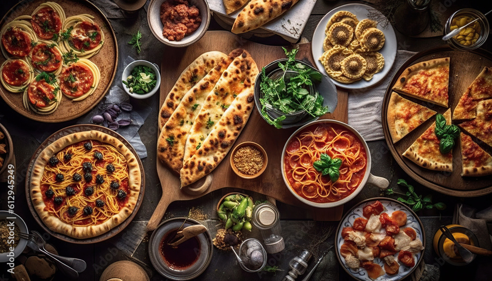 Mesa completa de comidas italianas en platos Pizza, ravioli, carpaccio ...