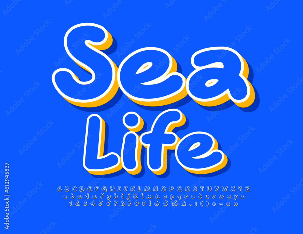 Vector blue logo Sea Life. Handwritten bright Font. Creative set of 3D ...