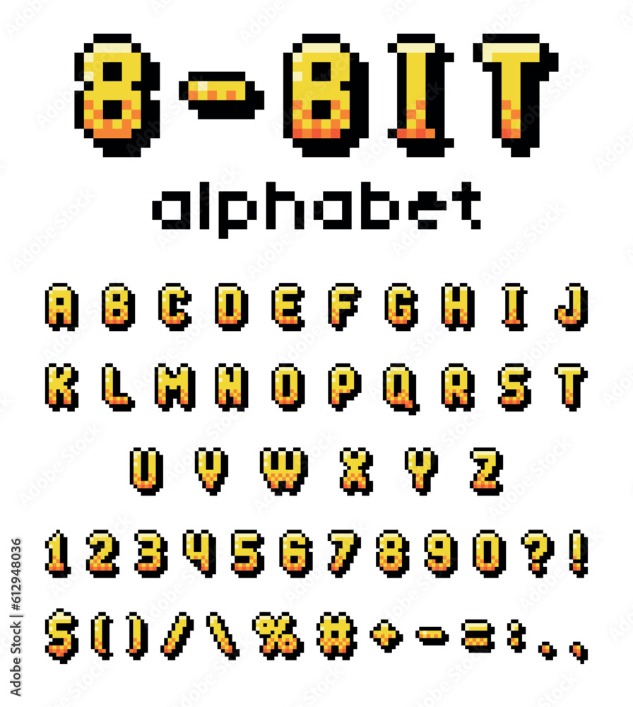 Pixel 8 Bit Font and Alphabet Letters and Numbers Vector Set Stock ...