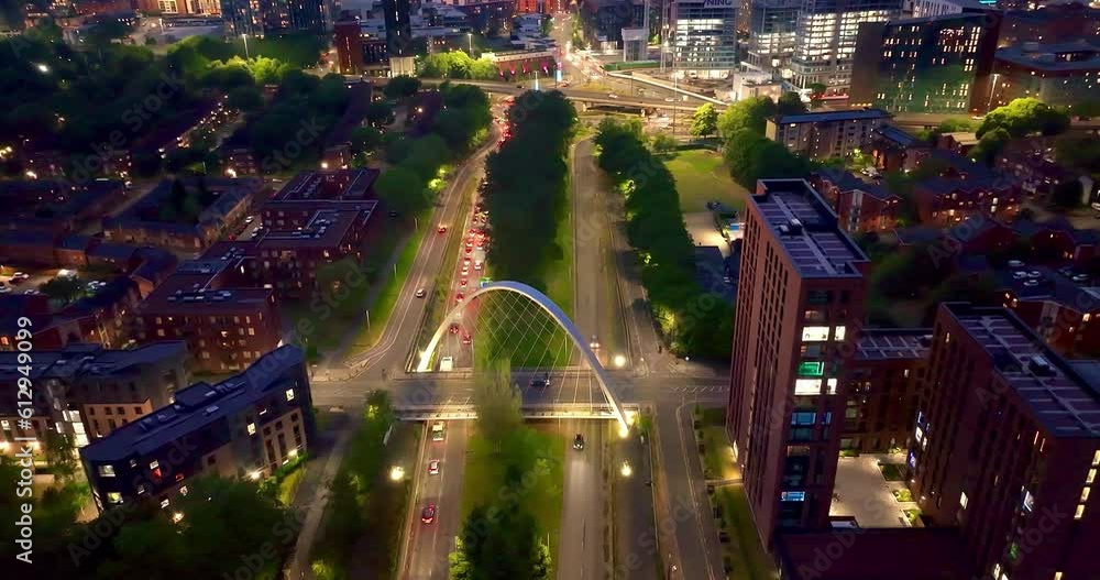 Manchester skyline aerial view during twilight filmed from Princes road ...