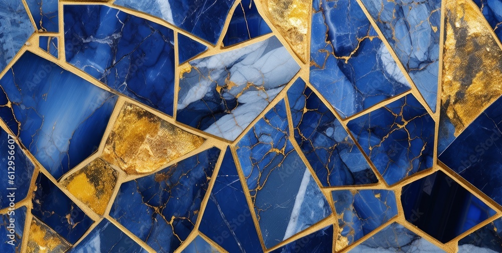 A mosaic of blue and gold marble shapes background.. Blue and golden ...