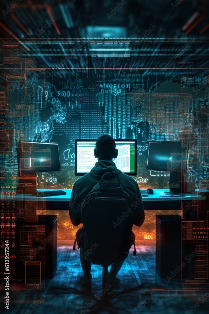 The image portrays a hacker sitting in front of multiple computer ...